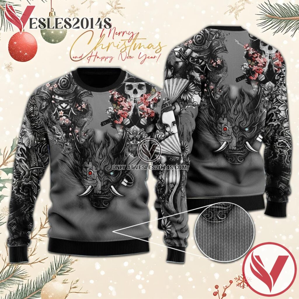 Samurai Oni Mask With Sakura Ugly Sweater, Unique Winter Outfits For ...